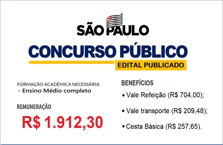 Aberto Concurso Público em SP para nível médio com salário de R$ 1.912 ... Aberto Concurso Público em SP para nível médio com salário de R$ 1.912 ...